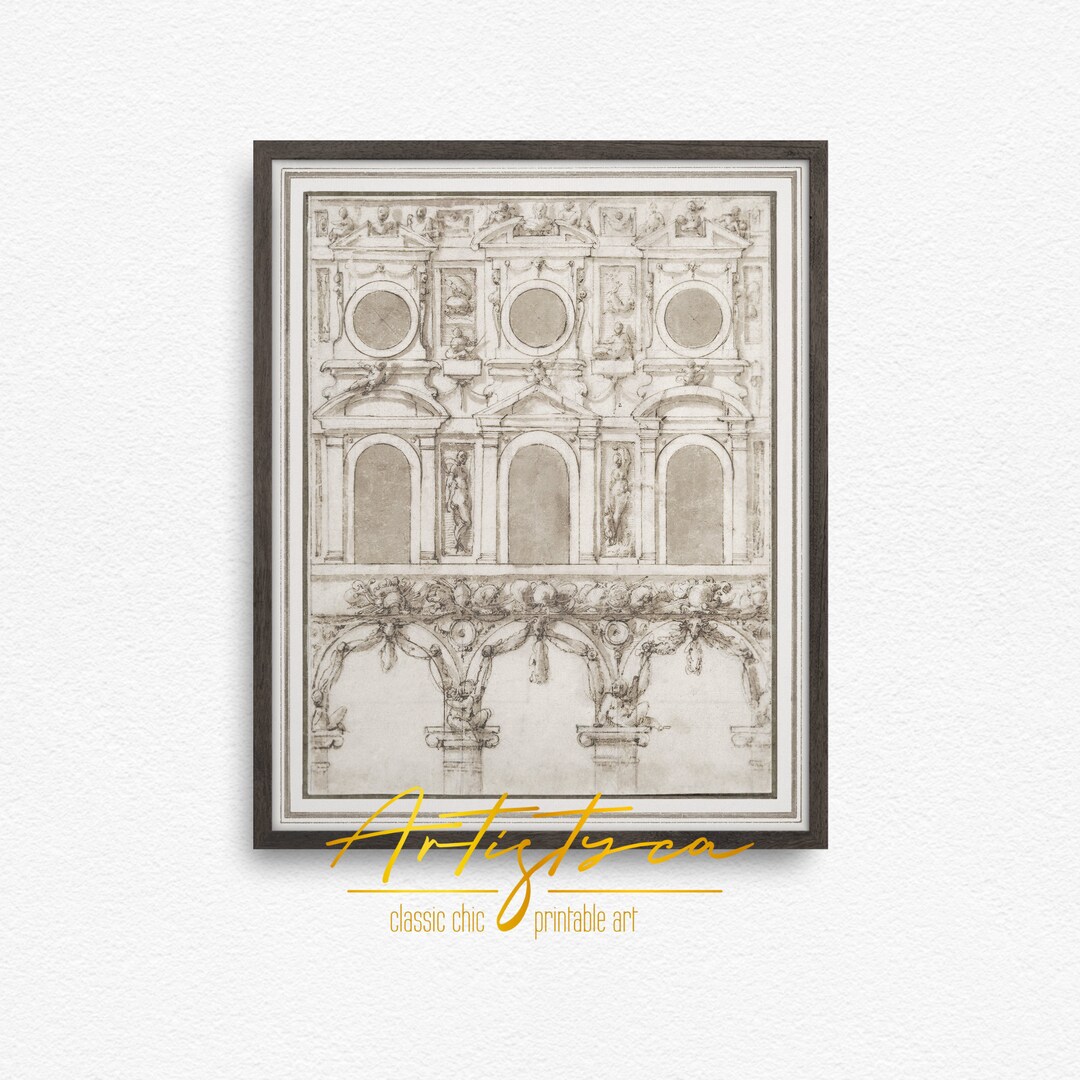 ITALIAN FACADE Ink Watercolor DRAWING Renaissance Palace Vintage Sketch ...