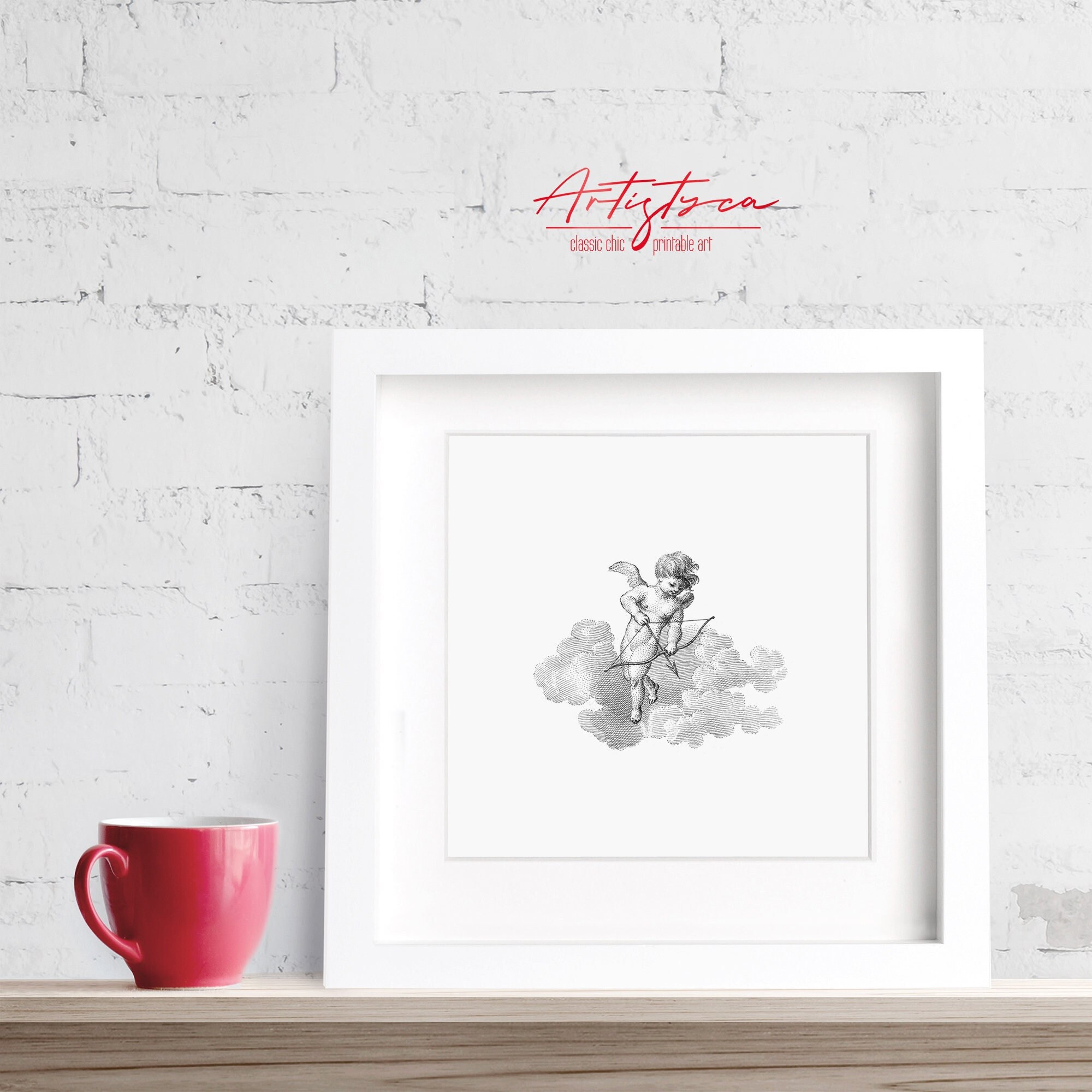 CUPID Vintage DRAWING CHERUB Throwing Arrow Antique Sketch Print Putto ...