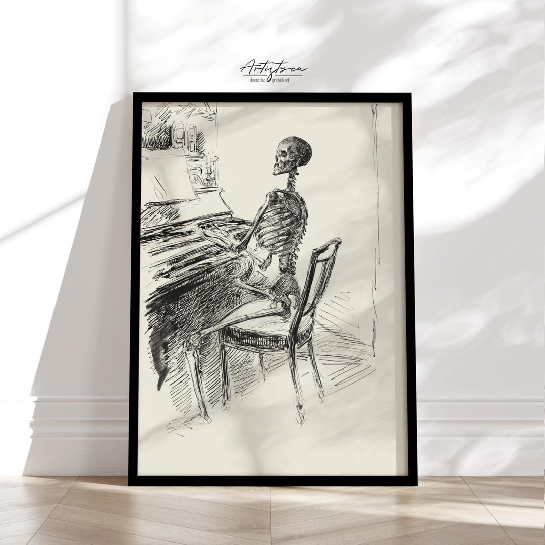 HALLOWEEN Spooky Piano SKELETON SKETCH Wall Art Print, Creepy Scary ...