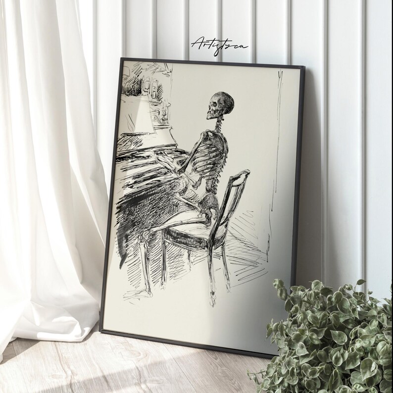 HALLOWEEN Spooky Piano SKELETON SKETCH Wall Art Print, Creepy Scary ...