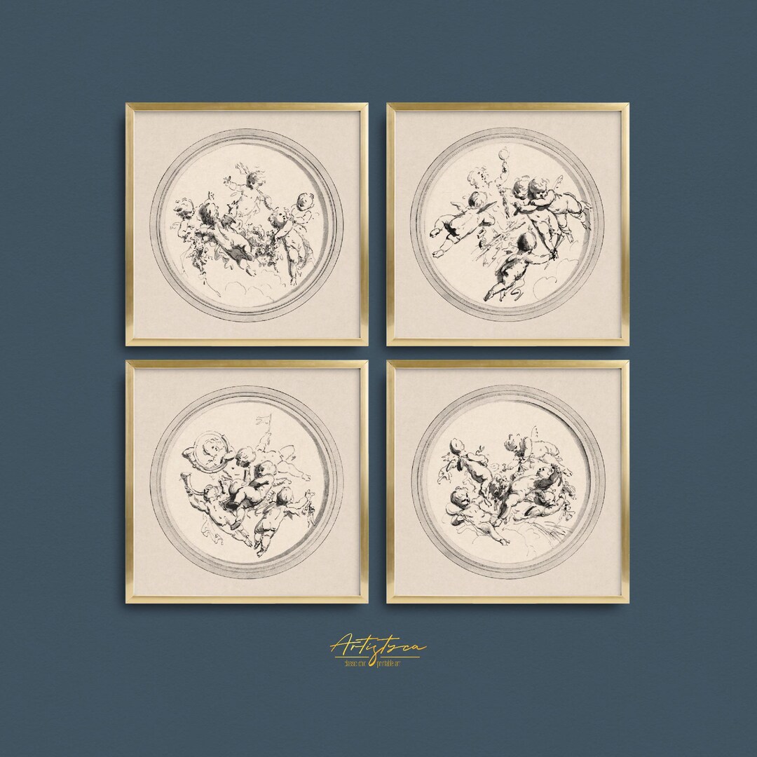 Baby ANGELS Watercolor Sketch Vintage Square Wall Art 4 Matching Print ...