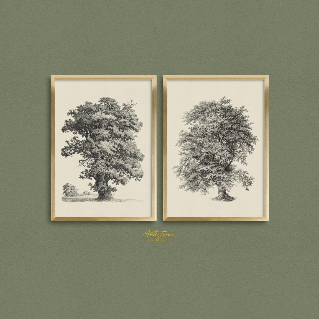OAK Tree Gallery Set, 2 Matching Print Set, TREE Digital Sketch, Cozy ...