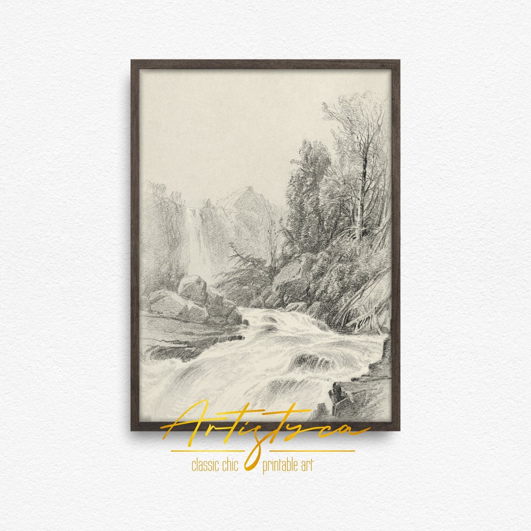 Landscape Vintage Pencil DRAWING Wall Art, MOUNTAIN WATERFALL Art Print ...