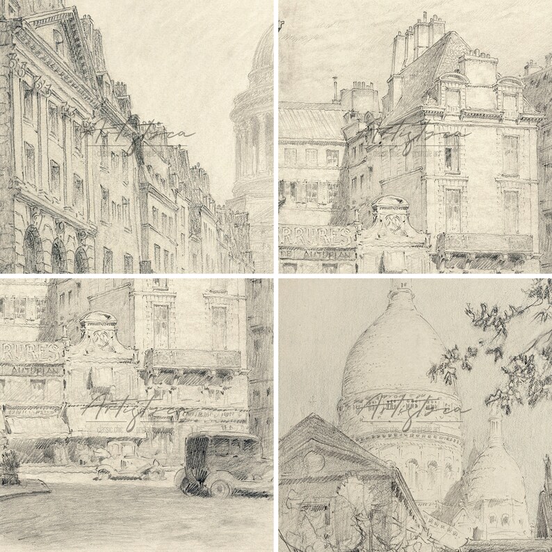 PARIS Cityscapes Vintage Pencil DRAWING Prints Set of 3, FRENCH Street ...