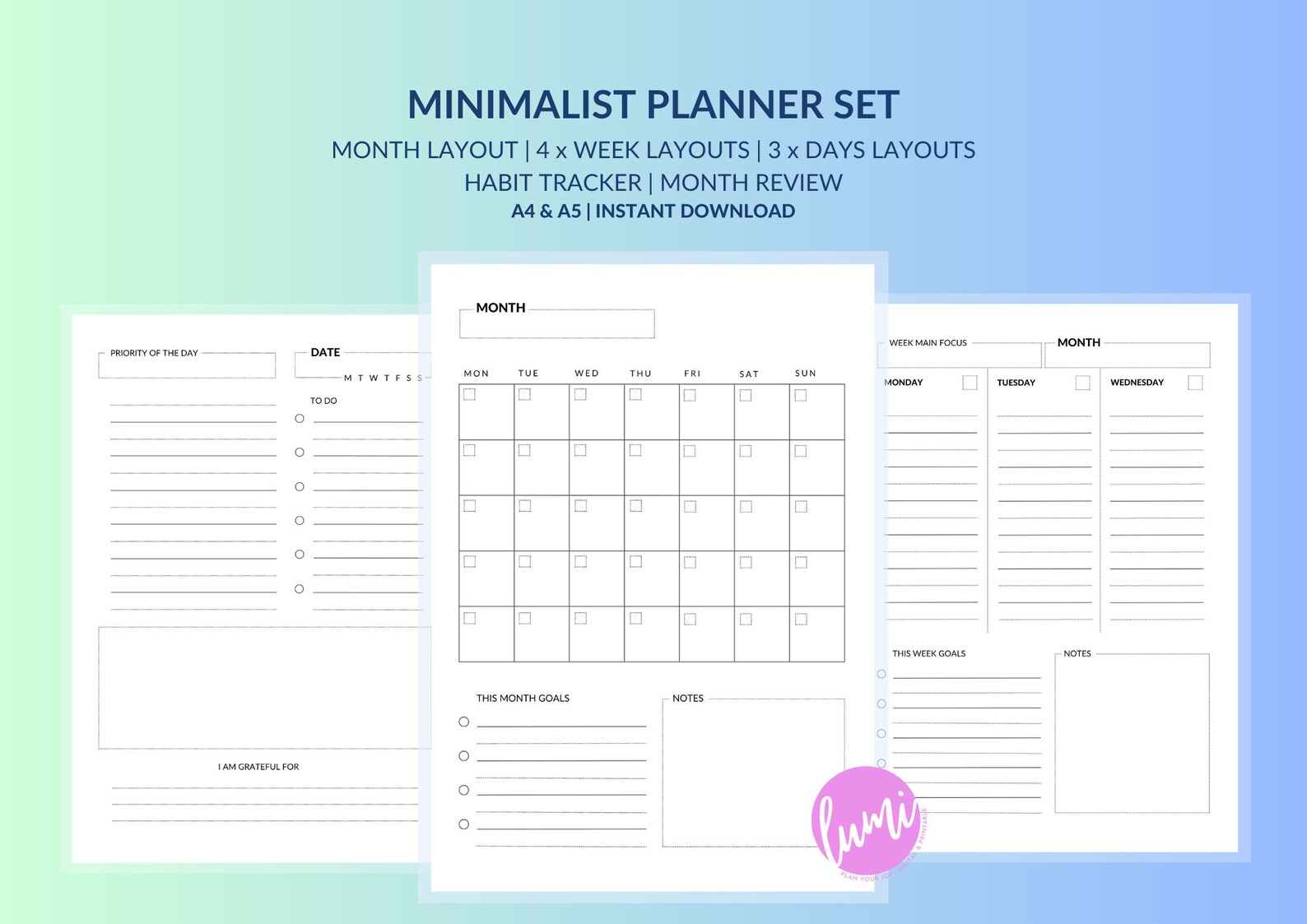 Minimalist Planner Set Undated and Printable, Day Layouts, Week Layouts ...