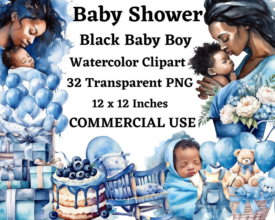 32 Watercolor Baby Shower Clipart Black Baby Boy Clipart - Etsy