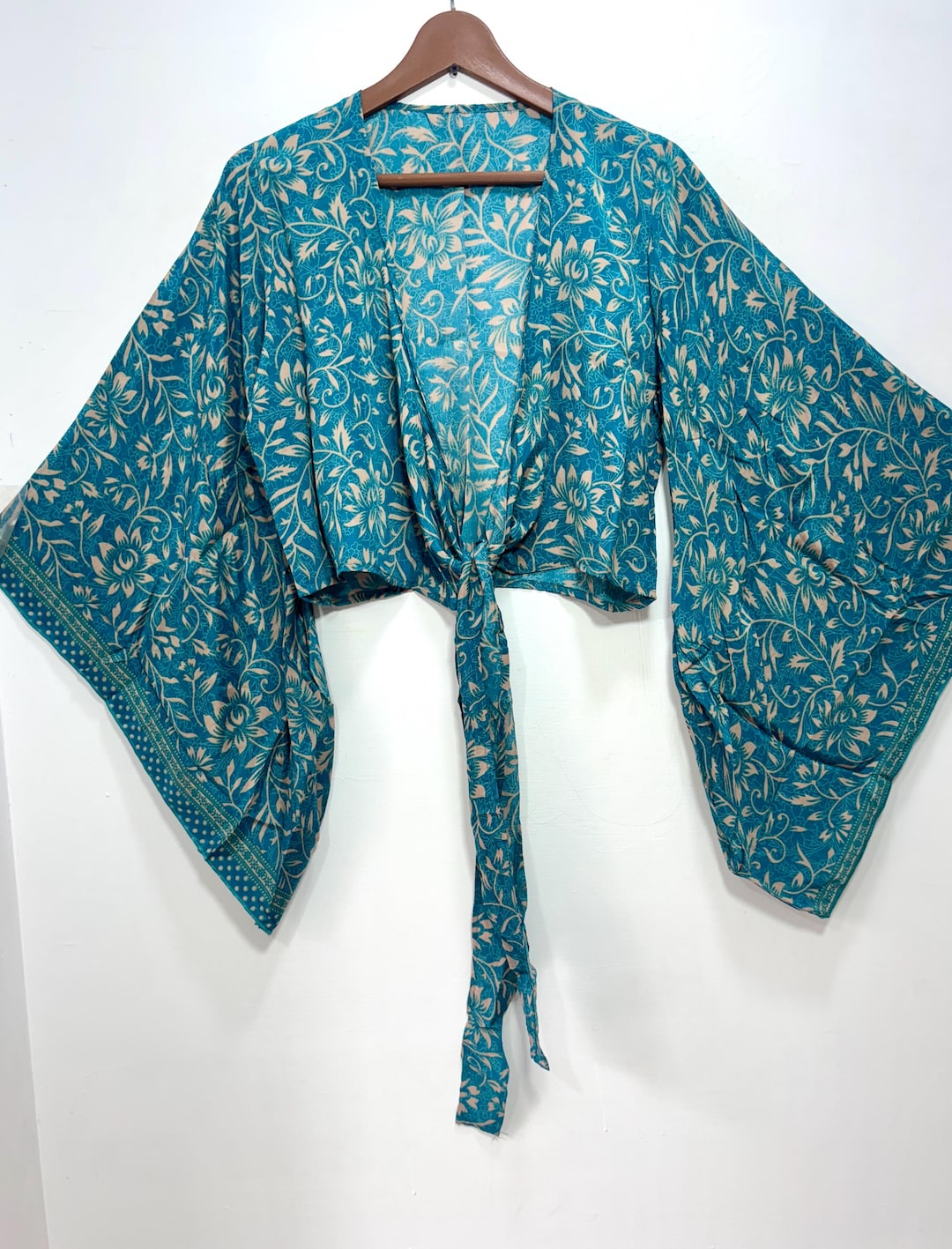 Vintage Silk Sari Crop Top, 3-way Bell Sleeve Wrap Top, Summer Comfy ...