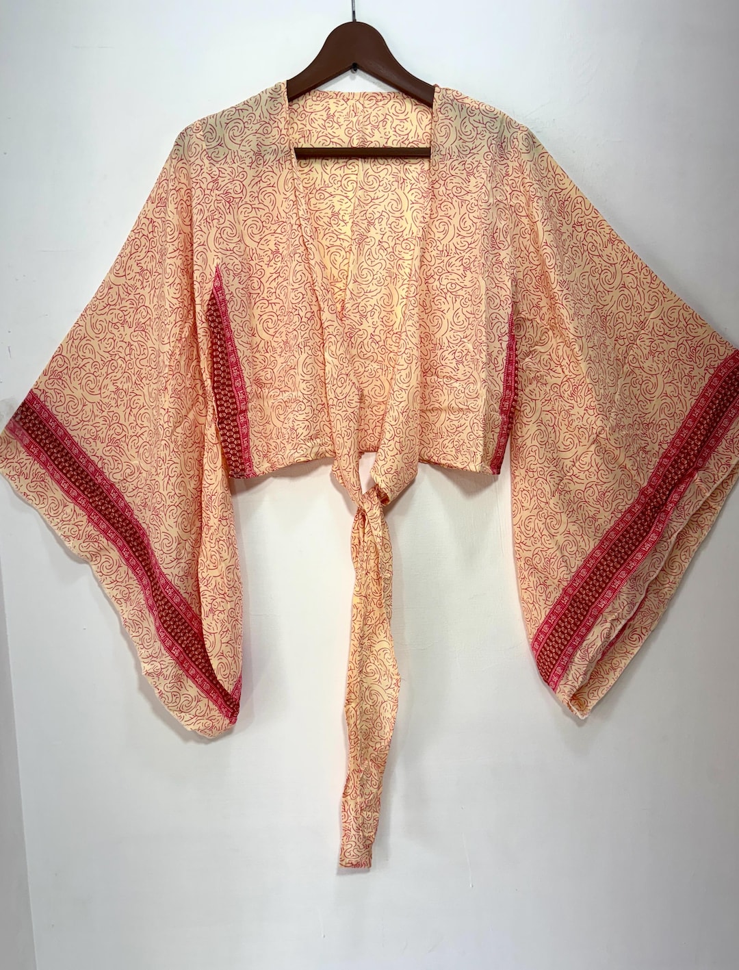 Indian Silk Crop Top, Silk Wrap Around Tie Top, Bell Sleeve Top ...