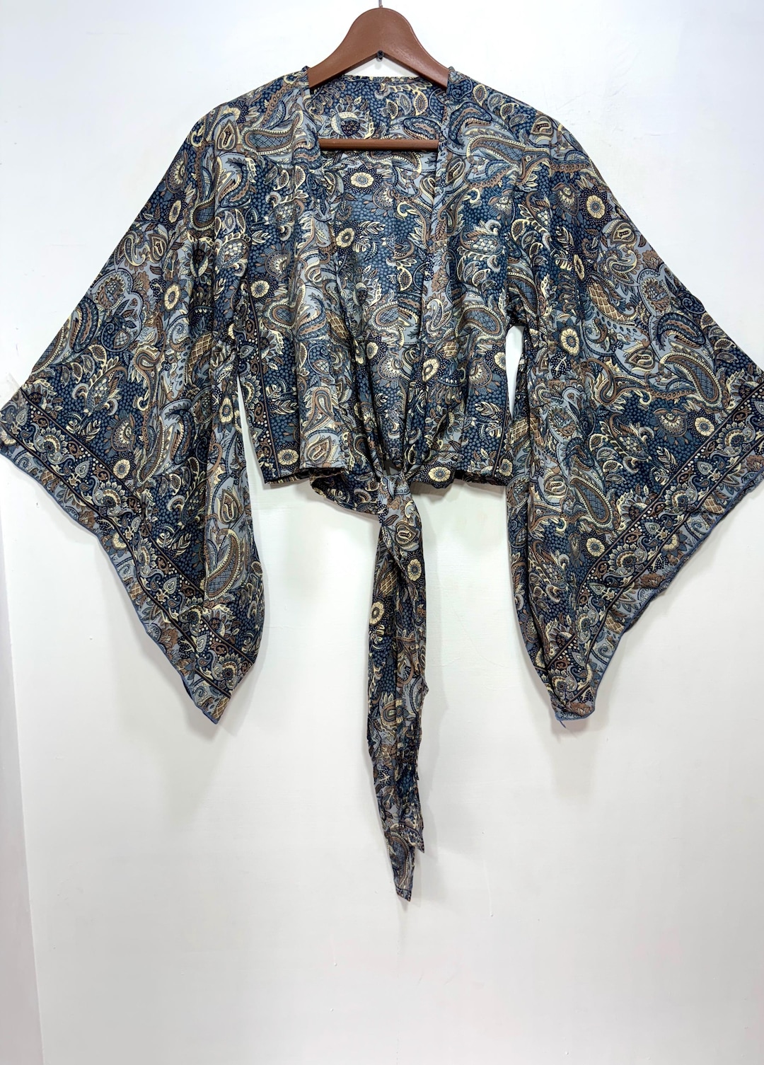 Bohemian Silk Sari Top, Indian Silk Wrap Top, Bell Sleeves Top ...