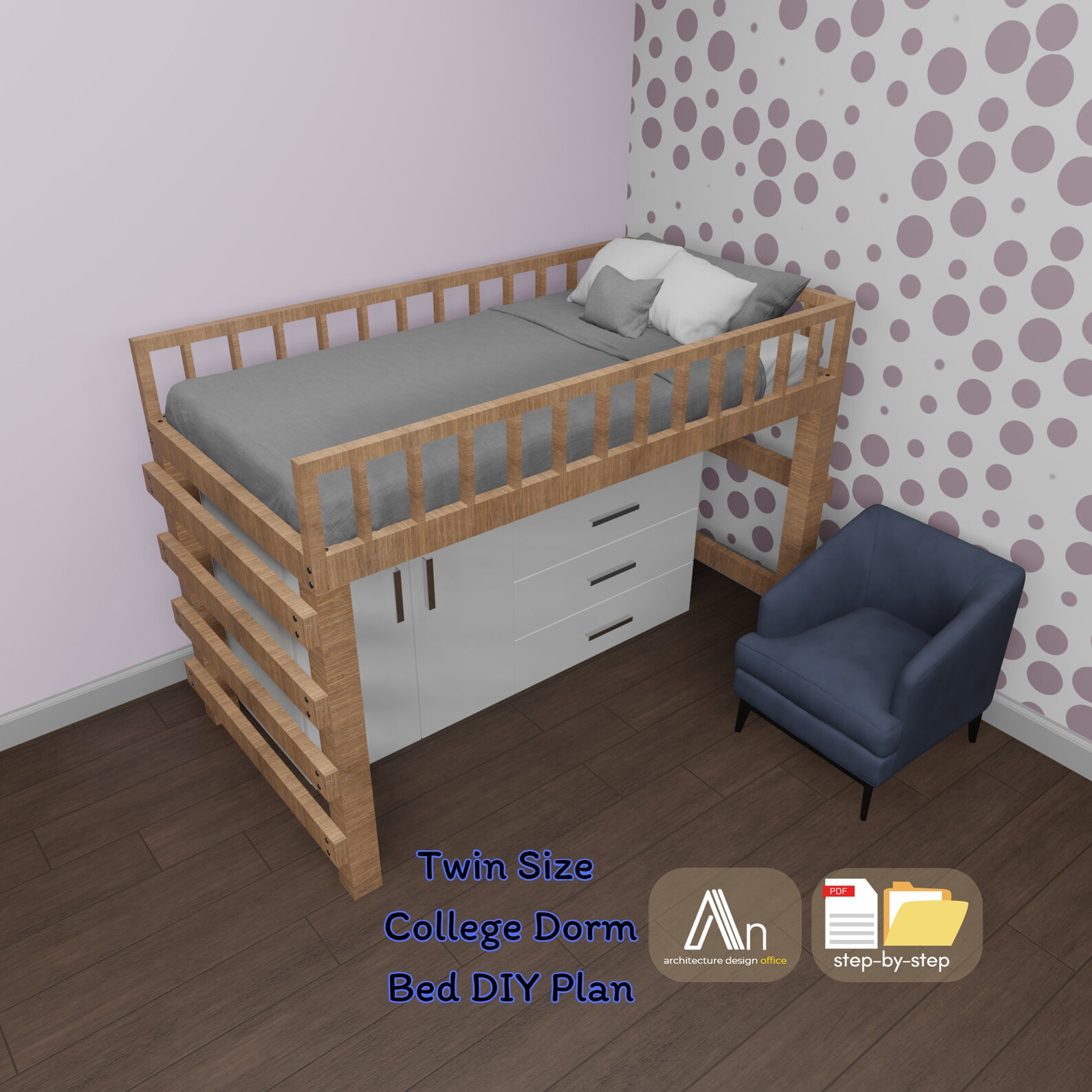 Twin Size College Dorm Bed Build Plan - Dorm Bed DIY Plan - College Dorm Bed Plan - Loft A ...