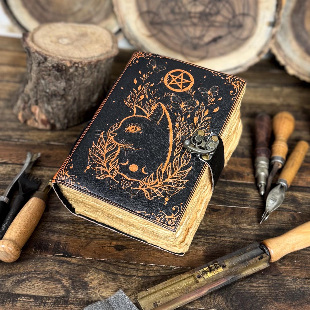 400 Page Large Grimoire Vintage Leather Journal, Celtic Cat Leather ...