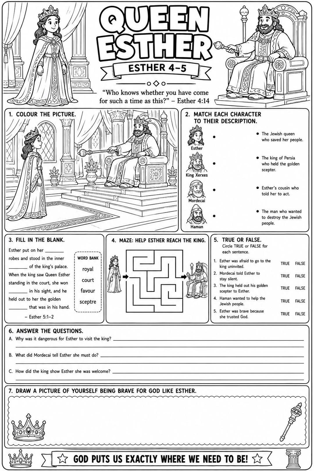 Queen Esther Activity Sheet | Bible Worksheet for Kids | Sunday School ...