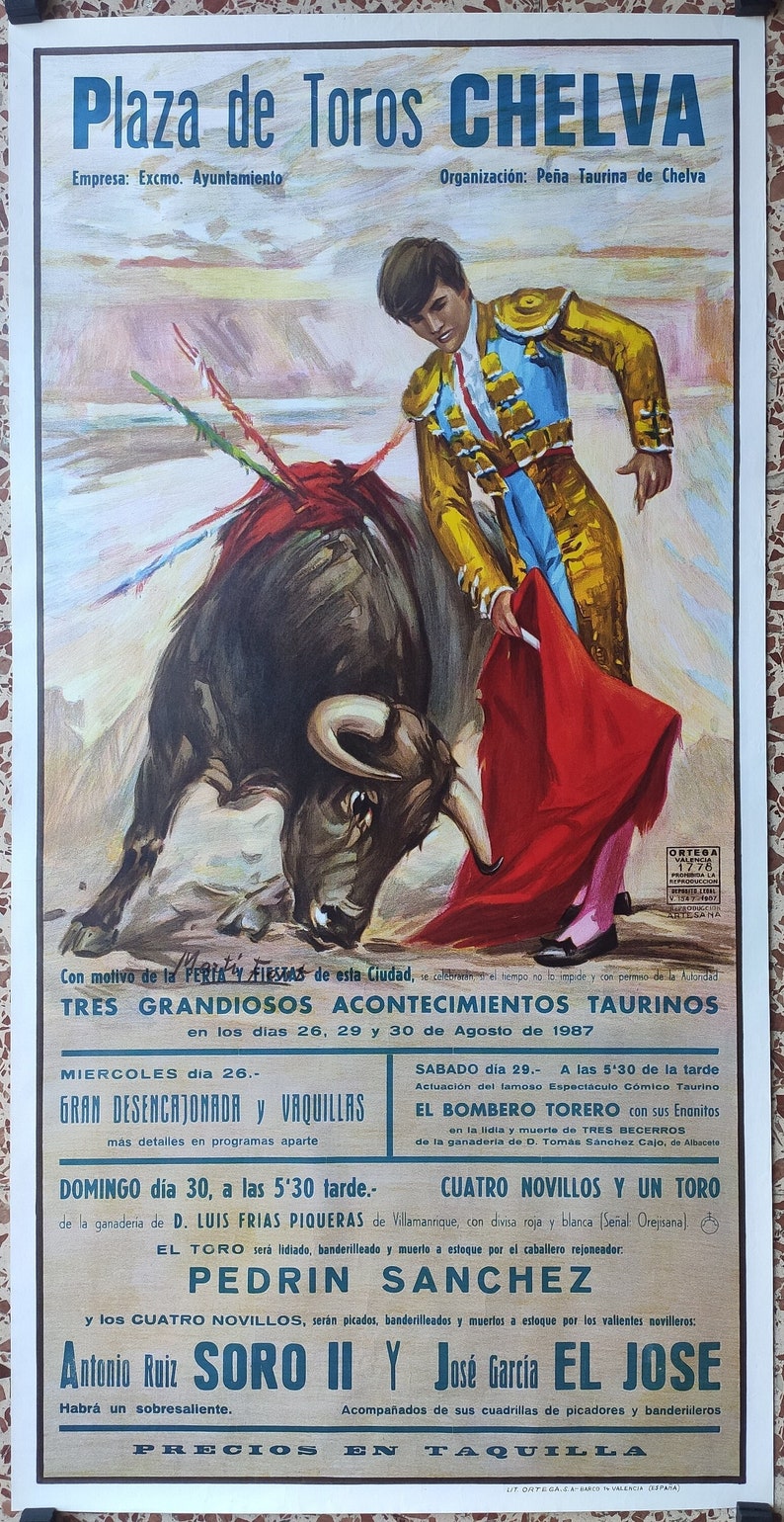 Original Spanish Vintage POSTER Plaza De Toros Chelva Spain Torero ...