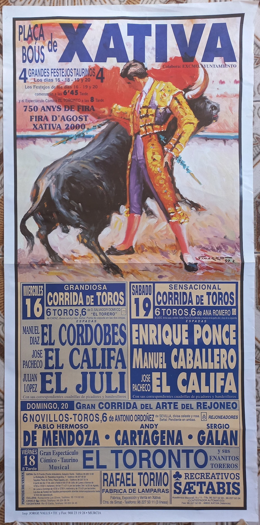 Original Spanish Vintage POSTER Plaza De Toros Xativa Spain Torero ...