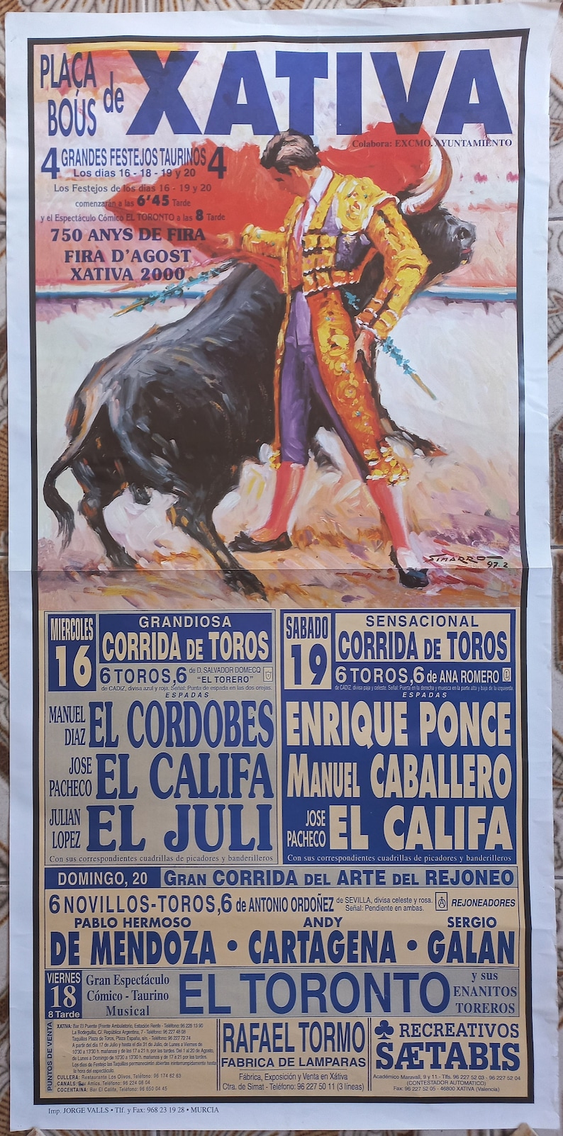 Original Spanish Vintage POSTER Plaza De Toros Xativa Spain Torero ...
