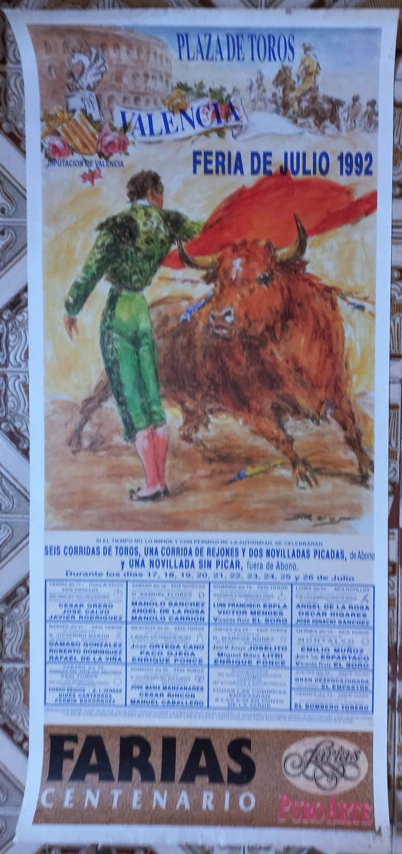 1992 Original Spanish POSTER Plaza Toros Valencia Spain Torero Matador ...