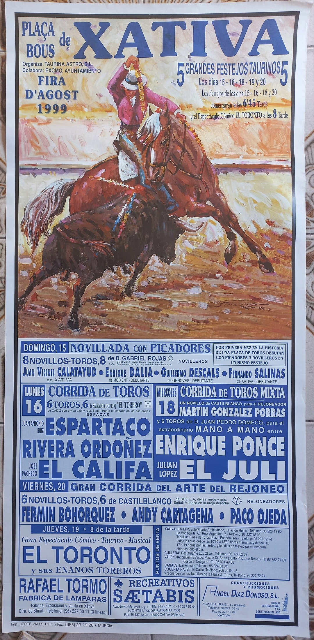 1999 Original Spanish Vintage POSTER Plaza De Toros Xativa Spain Torero ...