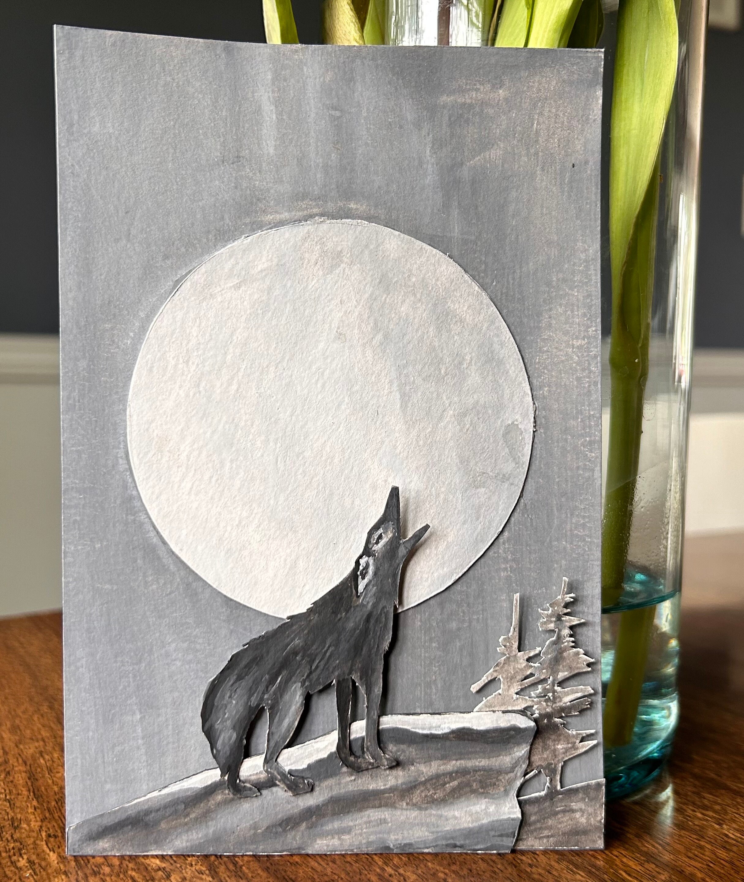 Handmade 3D Coyote Howling at the Moon Paper Art Rustic Nature Wall ...
