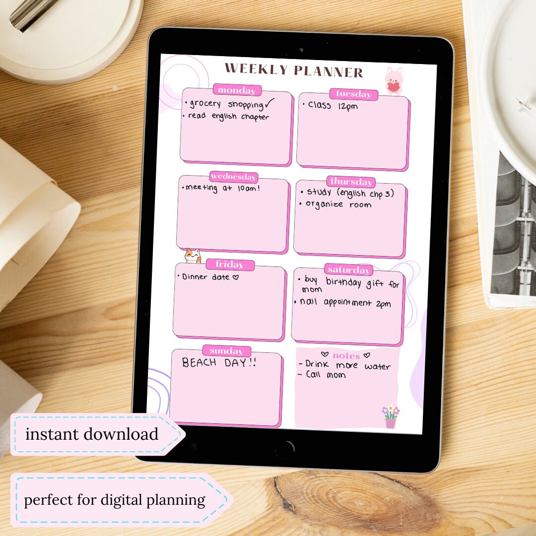 Pink Kawaii Weekly Planner, Digital Download, Printable, Aesthetic ...