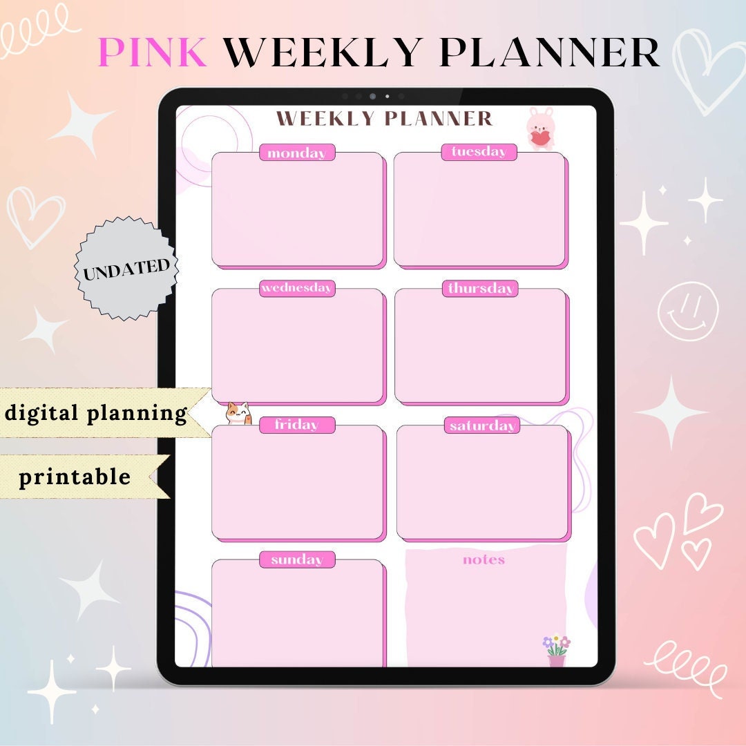 Pink Kawaii Weekly Planner, Digital Download, Printable, Aesthetic ...