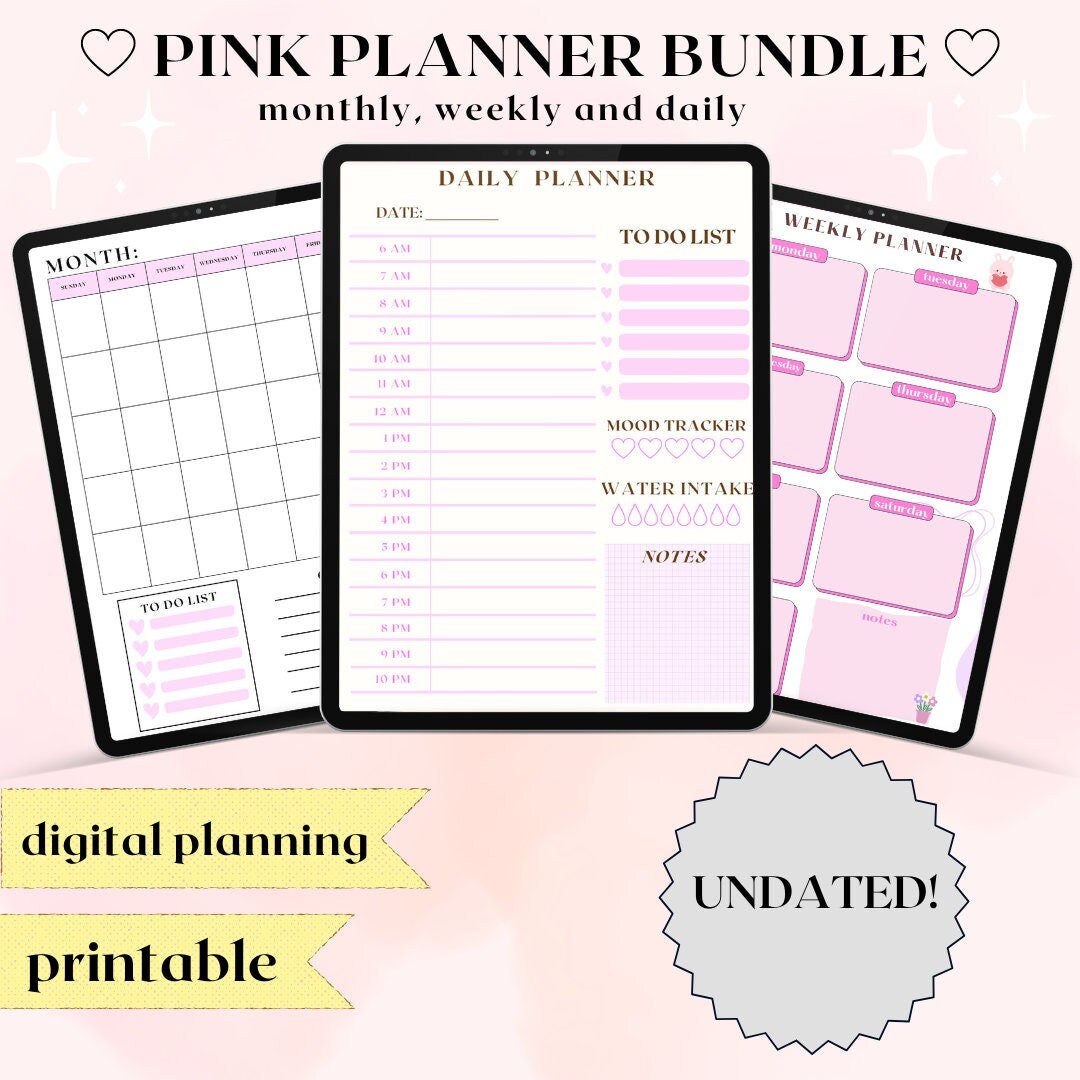 Pink Aesthetic Kawaii Planner BUNDLE, Daily, Weekly, Monthly, Undated ...