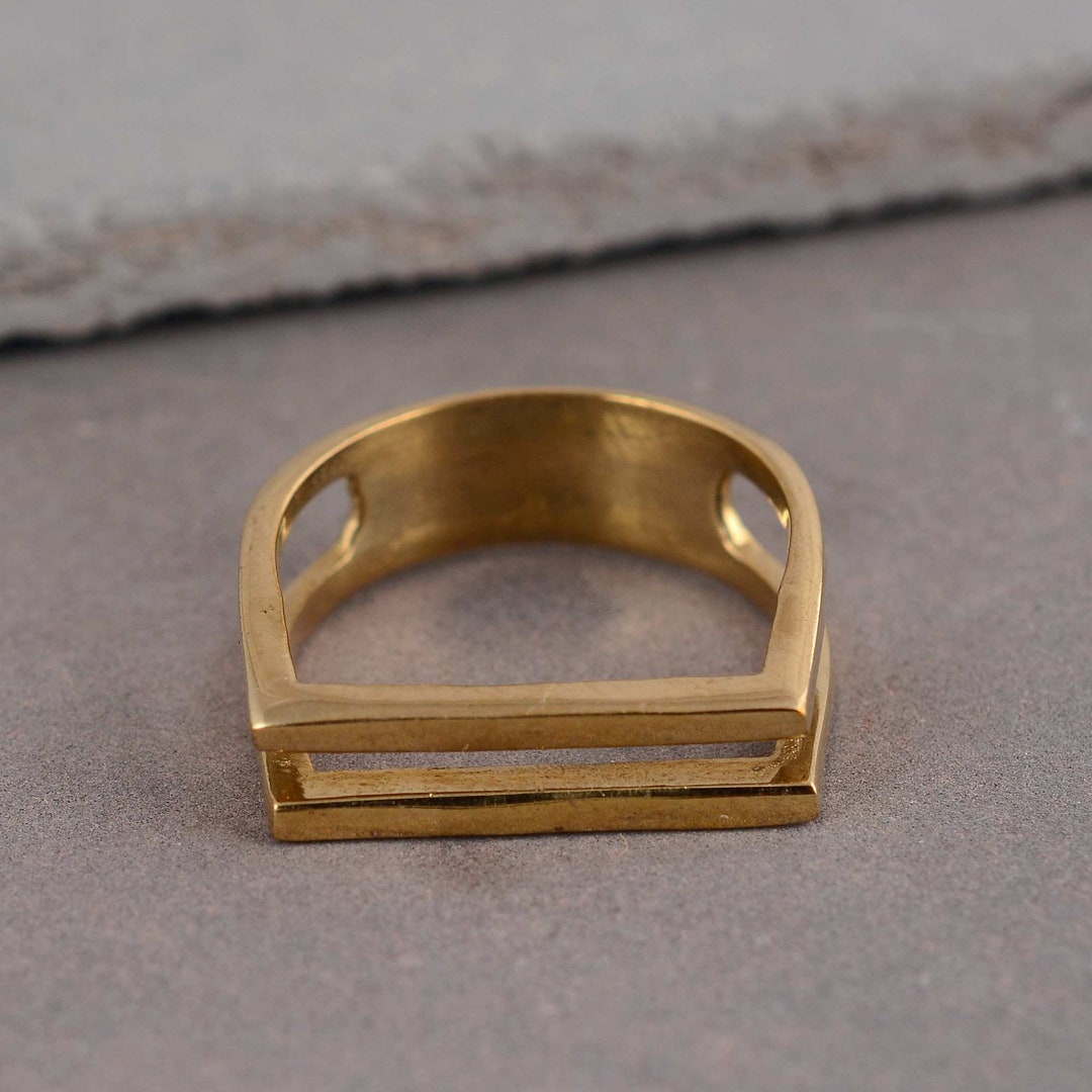 Gold Double Bar Ring Brass Thick Two Line Ring Flat Bar - Etsy