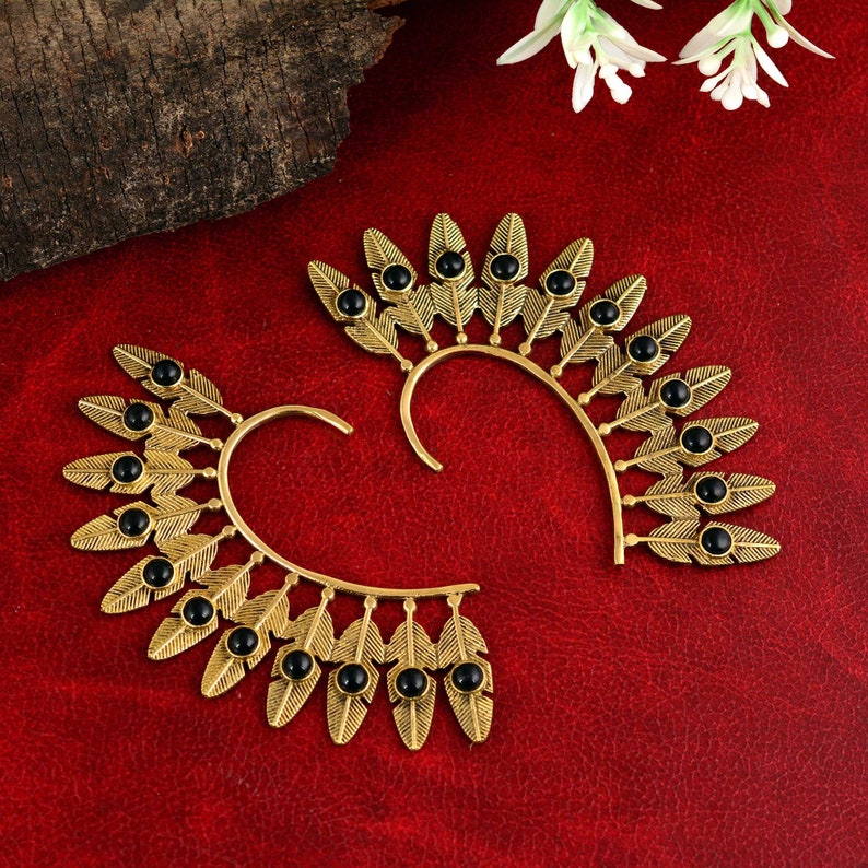 Statement Ear Cuff Ethnic Boho Festival Leafs Swirls Ear Cuff Feather ...