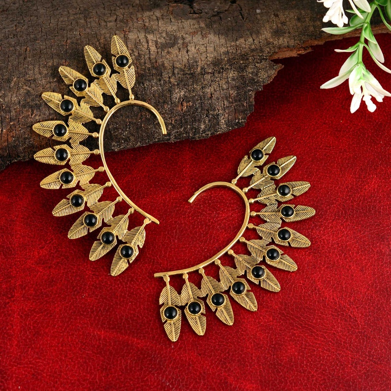Statement Ear Cuff Ethnic Boho Festival Leafs Swirls Ear Cuff Feather ...