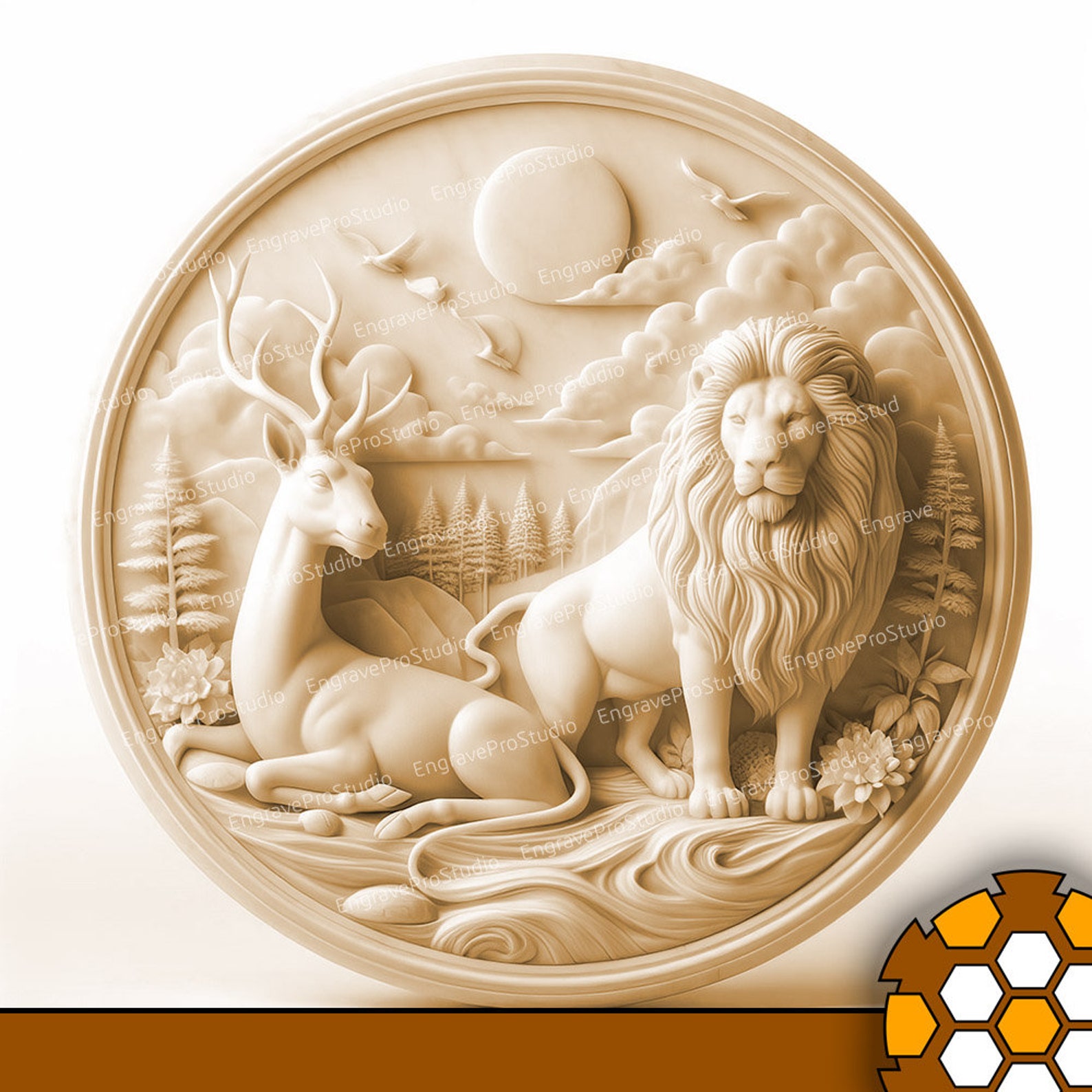 3D Illusion | PNG for Engraving | Lion and Deer Peaceful Forest Scene ...
