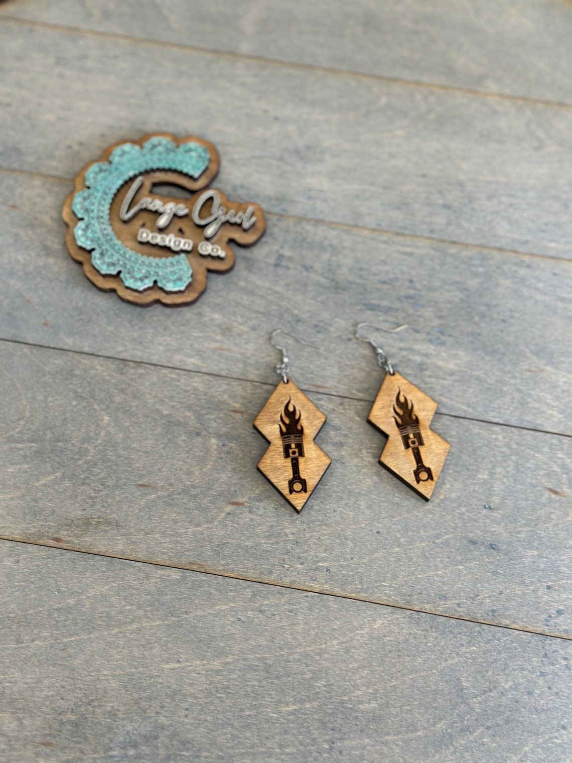 Engraved Piston With Flames Wood Earrings Car Girl - Etsy