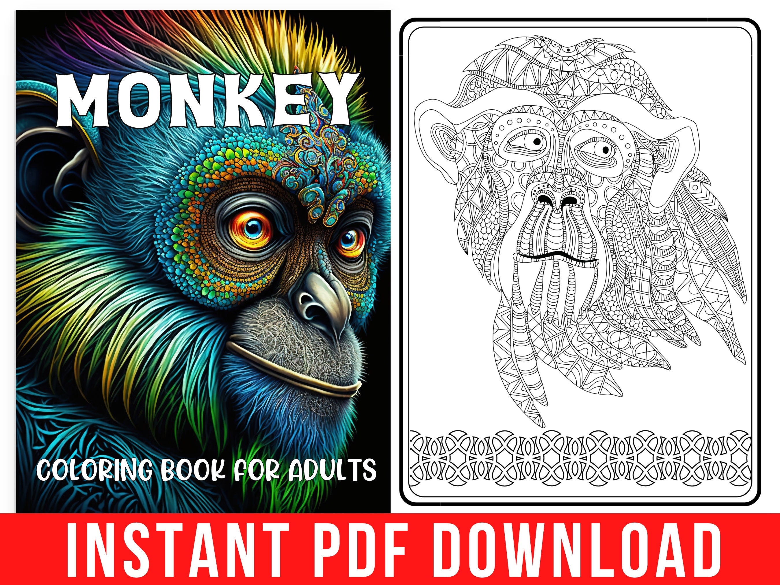 Monkey Coloring Pages: Monkey Coloring Book for Adults | 45 Digital ...