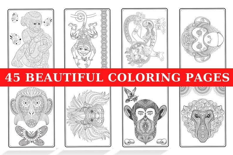 Monkey Coloring Pages: Monkey Coloring Book for Adults | 45 Digital ...