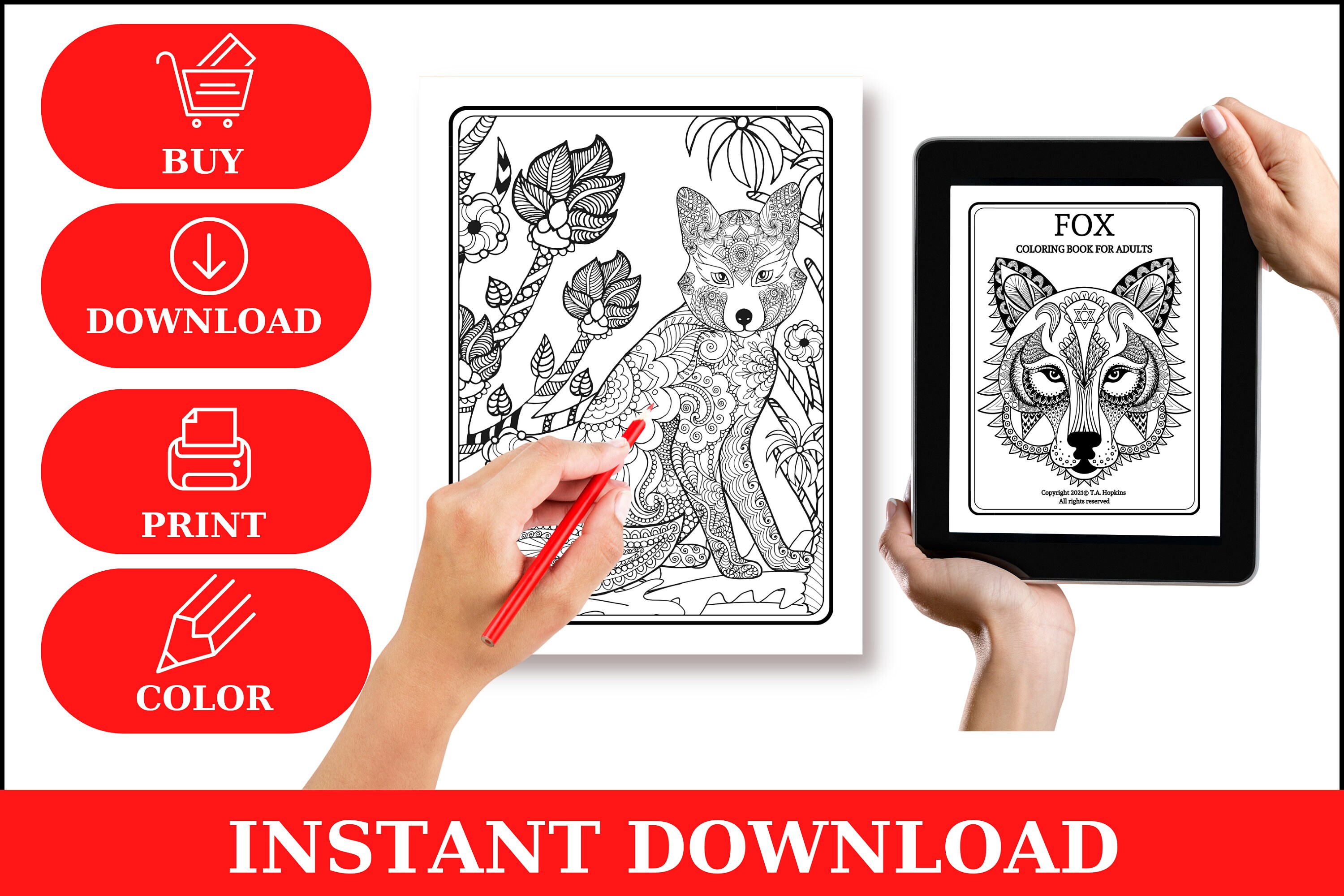 Fox Coloring Pages: Fox Coloring Book for Adults 50 Digital Coloring ...