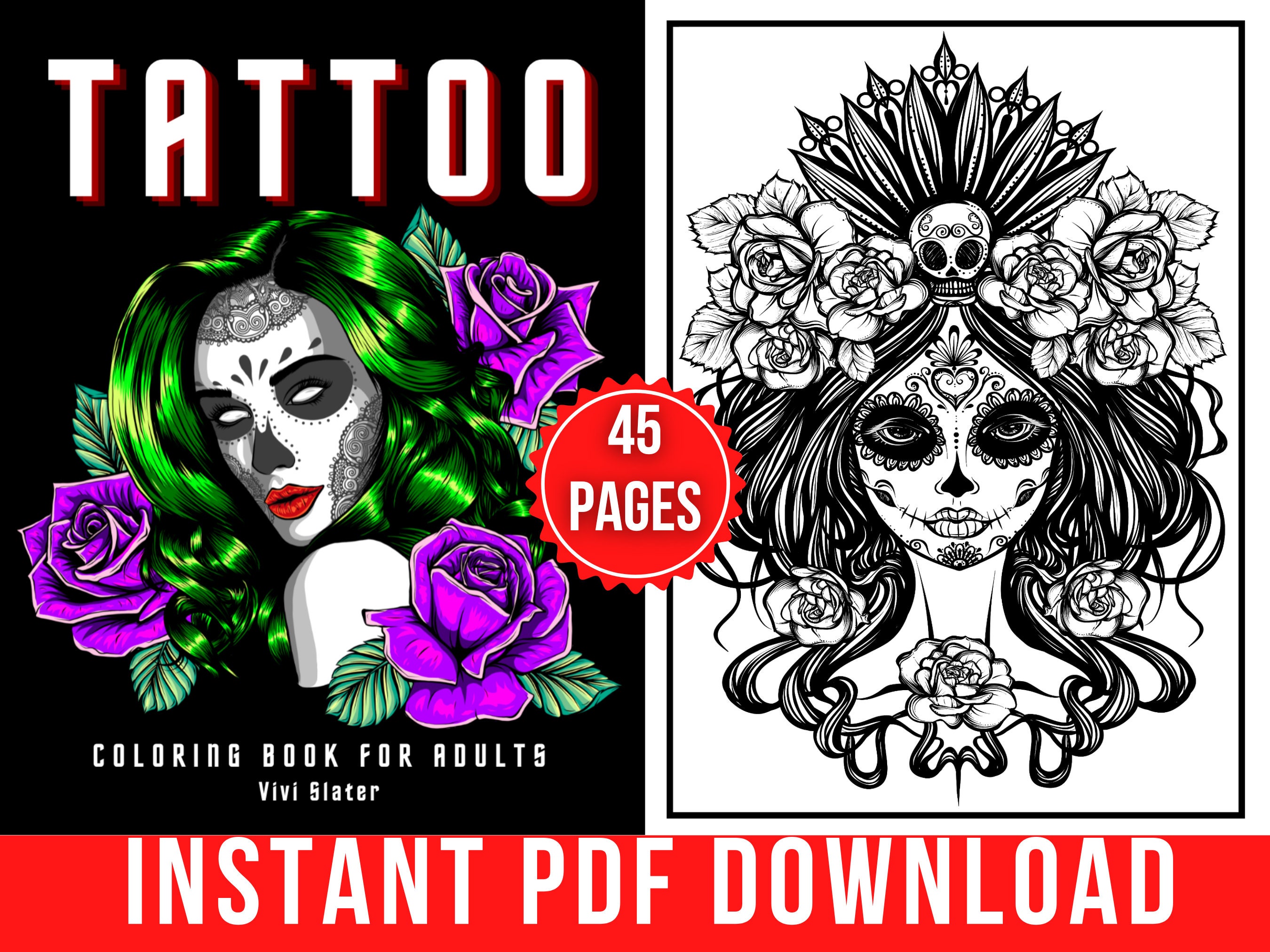 Tattoo Coloring Pages: Tattoo Coloring Book Skulls, Flowers, Animals ...