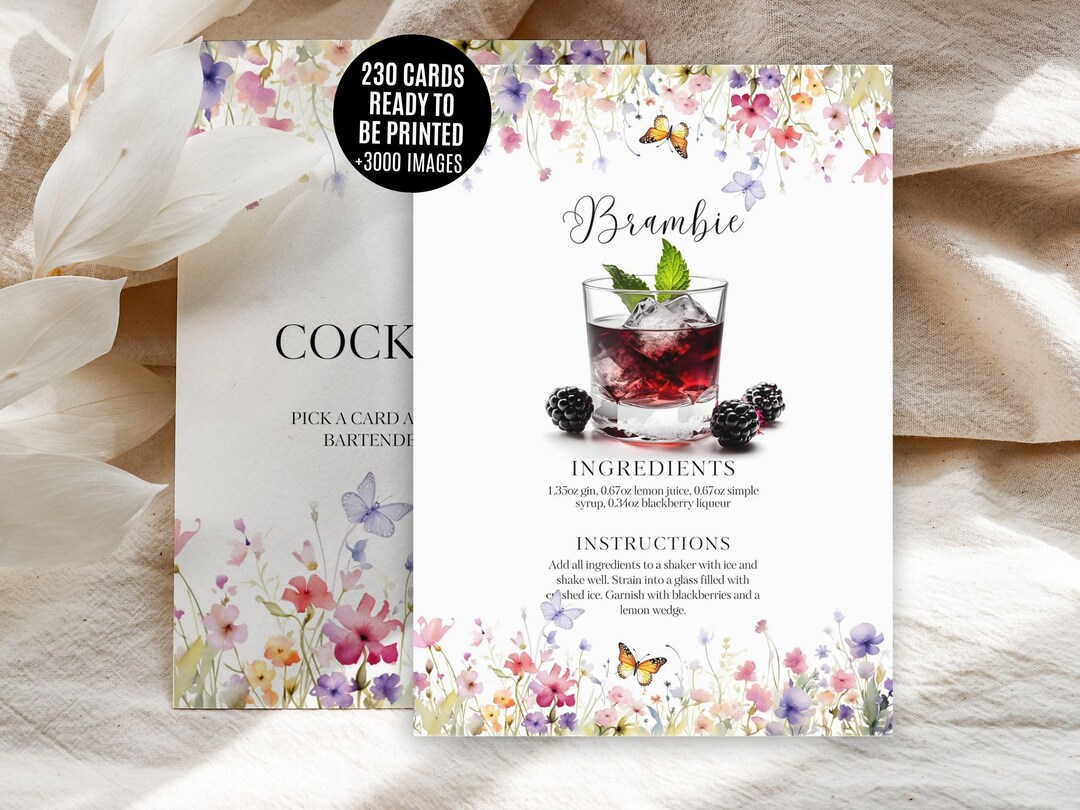 Cocktail Drink Cards With Wildflowers, Cocktail Recipe Cards, Template ...