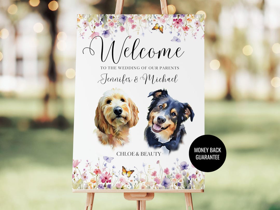 Wedding Welcome Sign With Wildflowers & Custom Pet Portrait, Dog ...