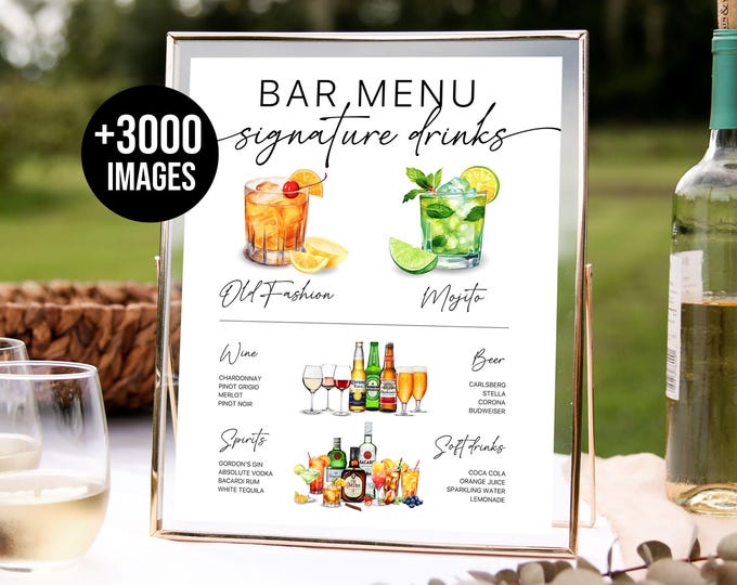 Bar Menu Sign, Printable French Roses Wedding Sign Template With Dusty Blue Roses, Editable ...