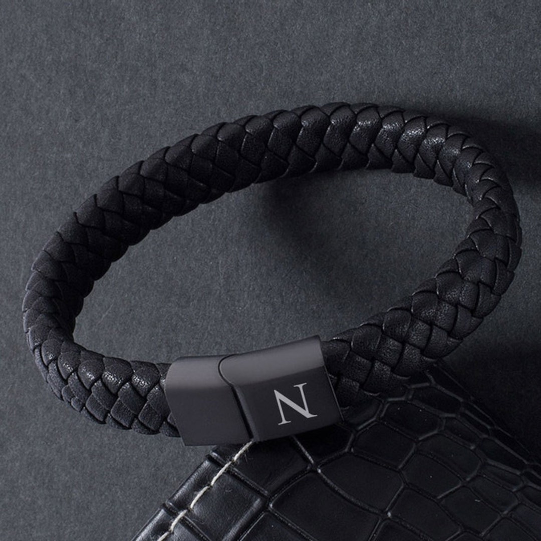 Men Initial Black Bracelet braided With Quality Leather gift for Father ...