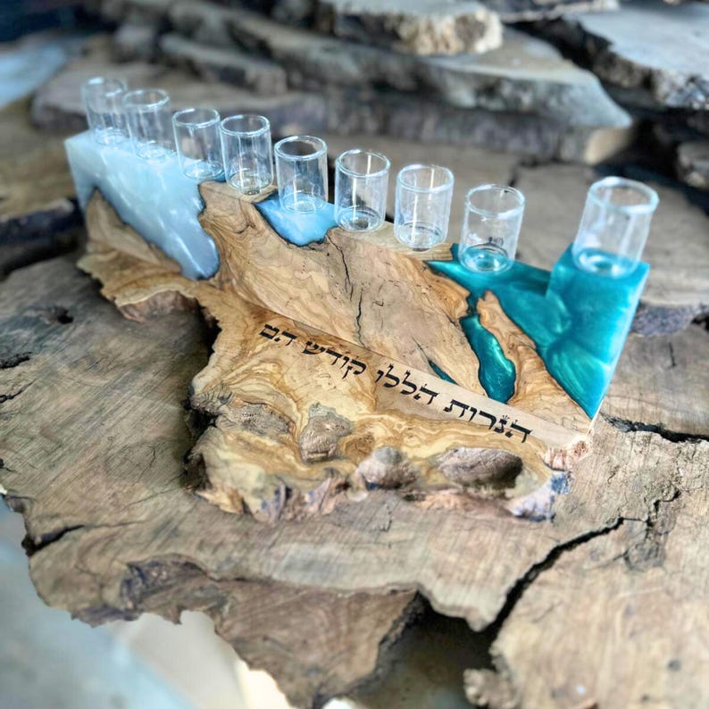 Epoxy Olive Wood Menorah: Handcrafted Jewish Hanukkah Gift - Etsy