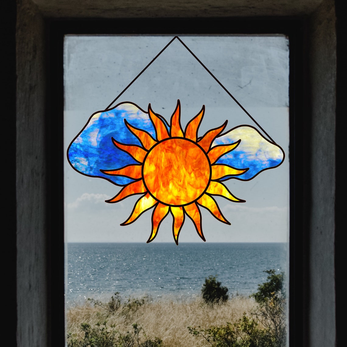 Set Stained Glass Pattern, Sun and Cloud Colored Glass Pattern, Moon ...