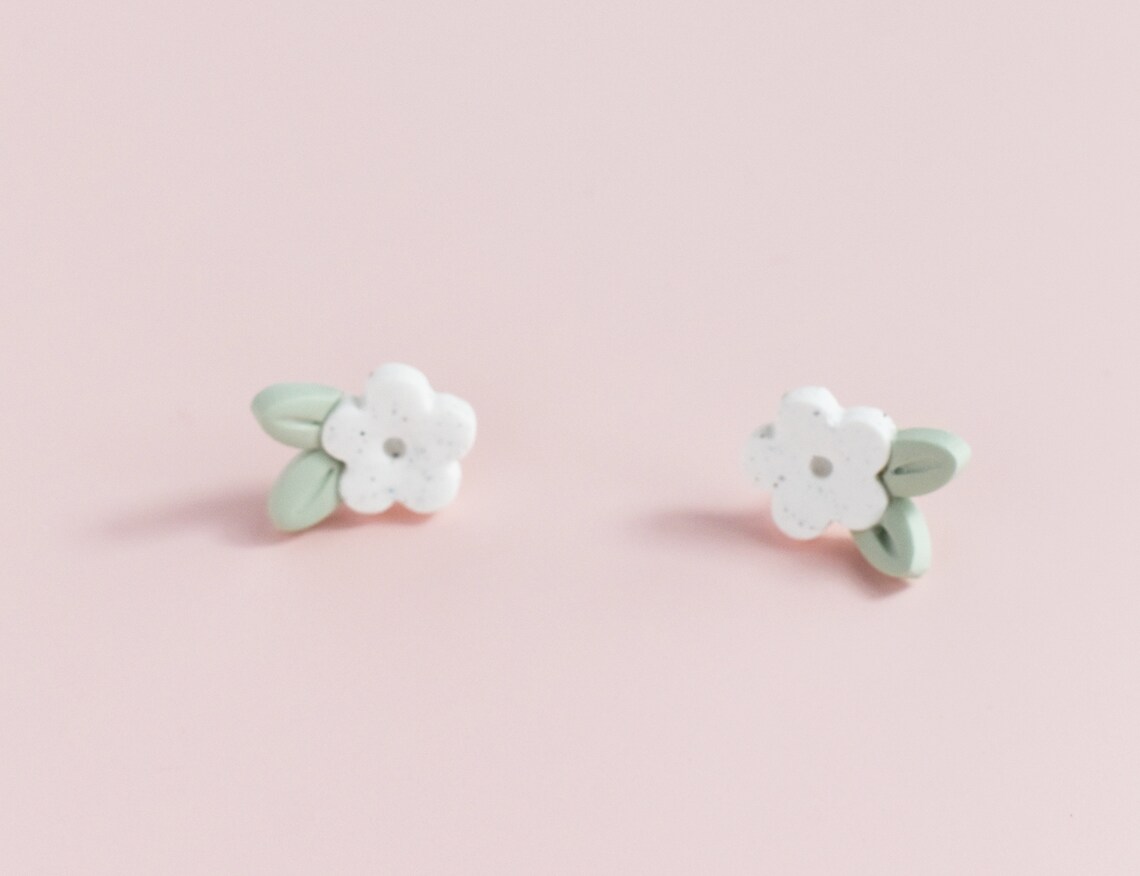 White Cottagecore Flower Polymer Clay Stud Earrings Hypoallergenic ...