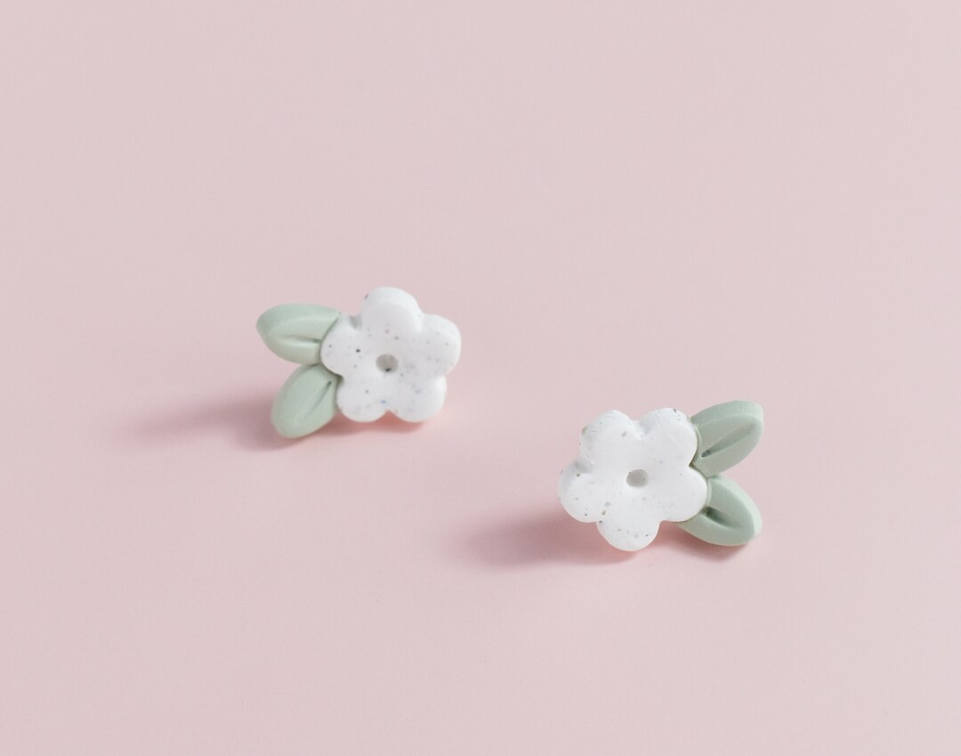 White Cottagecore Flower Polymer Clay Stud Earrings Hypoallergenic ...