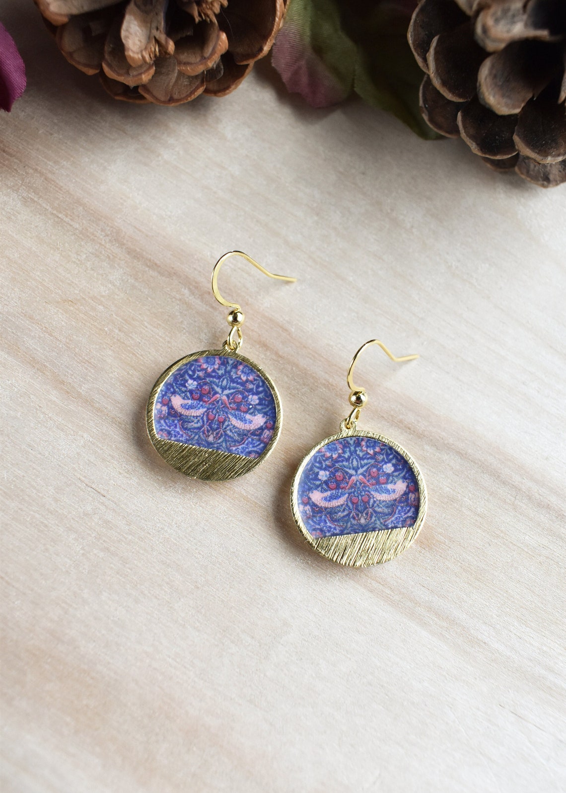 William Morris Bird Print Dark Academia Earrings Small Circle Dangle ...
