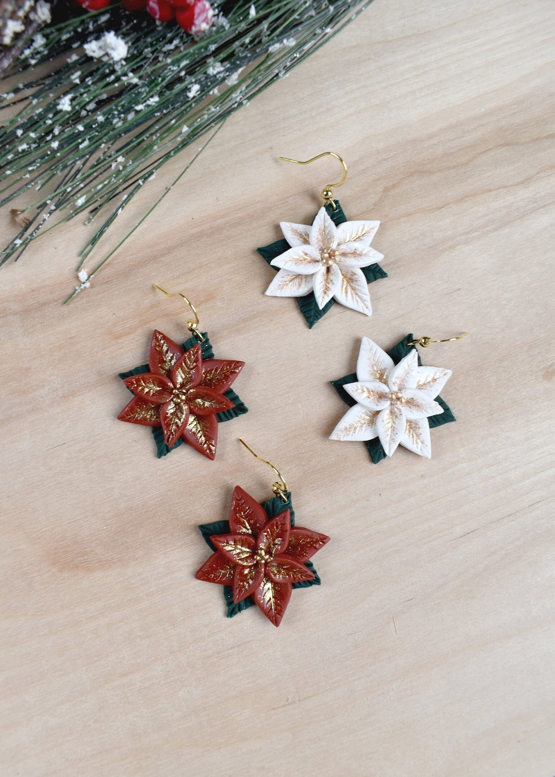 Poinsettia Christmas Dangle Earrings Red Poinsettia White Poinsettia ...