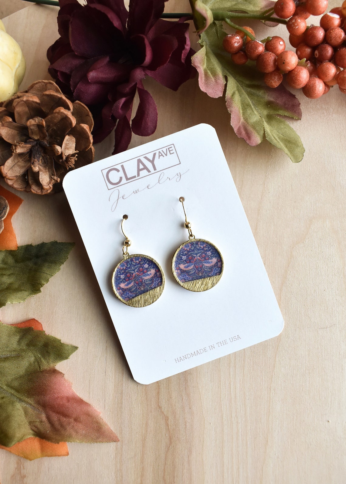William Morris Bird Print Dark Academia Earrings Small Circle Dangle ...