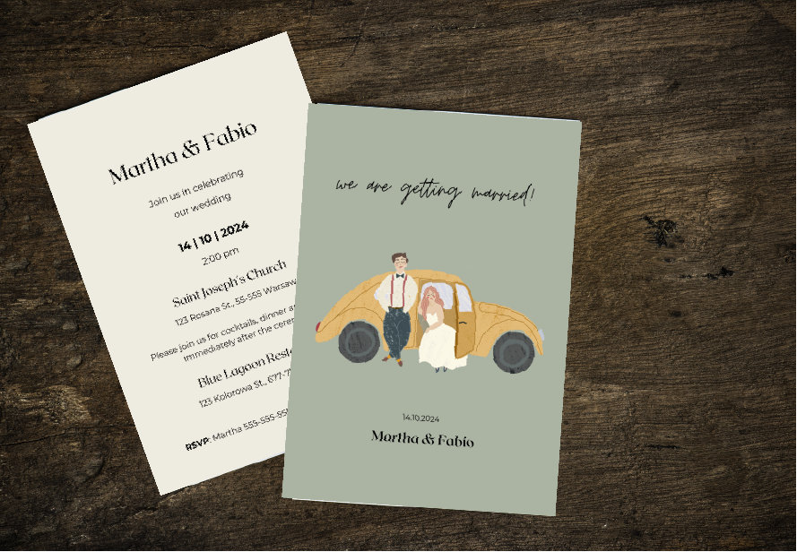 Hand Drawn Wedding Invite, VW Beetle Weddin Invitation, Minimalist ...
