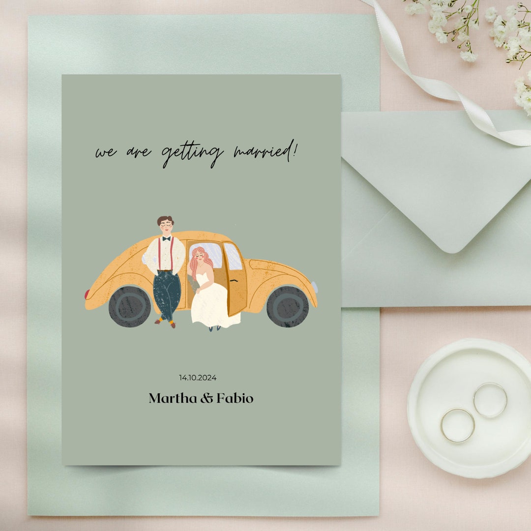 Hand Drawn Wedding Invite, VW Beetle Weddin Invitation, Minimalist ...