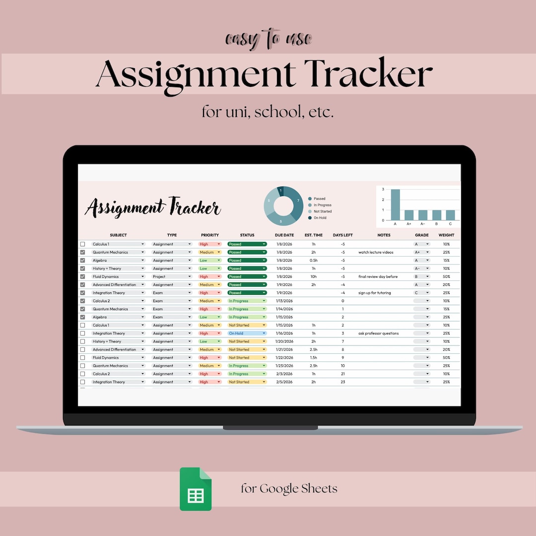 Assignment Tracker Google Sheets, Student Planner Spreadsheet, Study ...