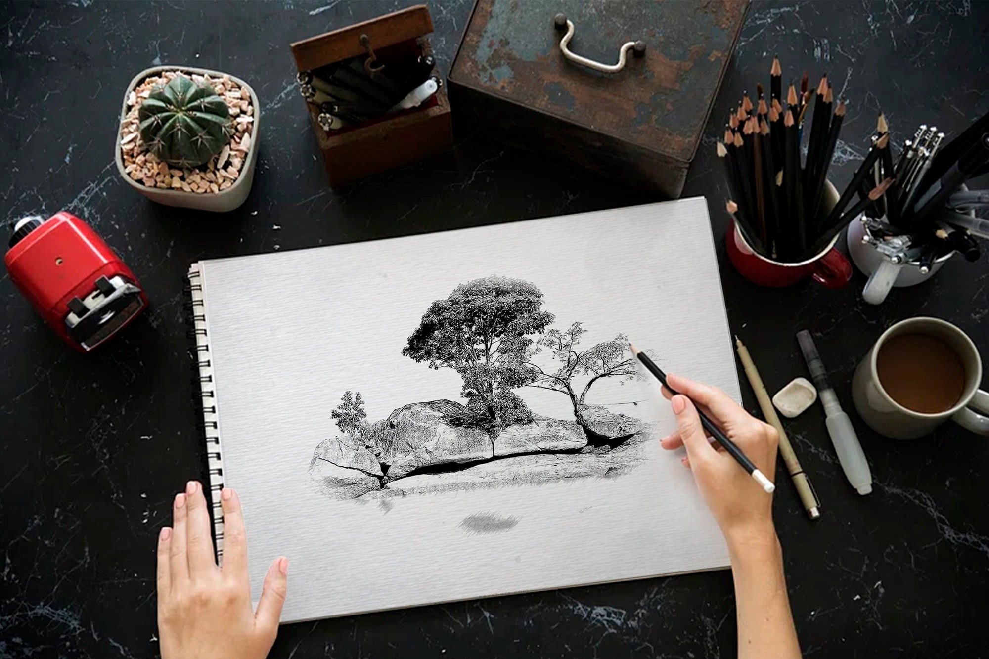 Paradise Island Pencil Drawing Tropical Beach Art Coastal - Etsy