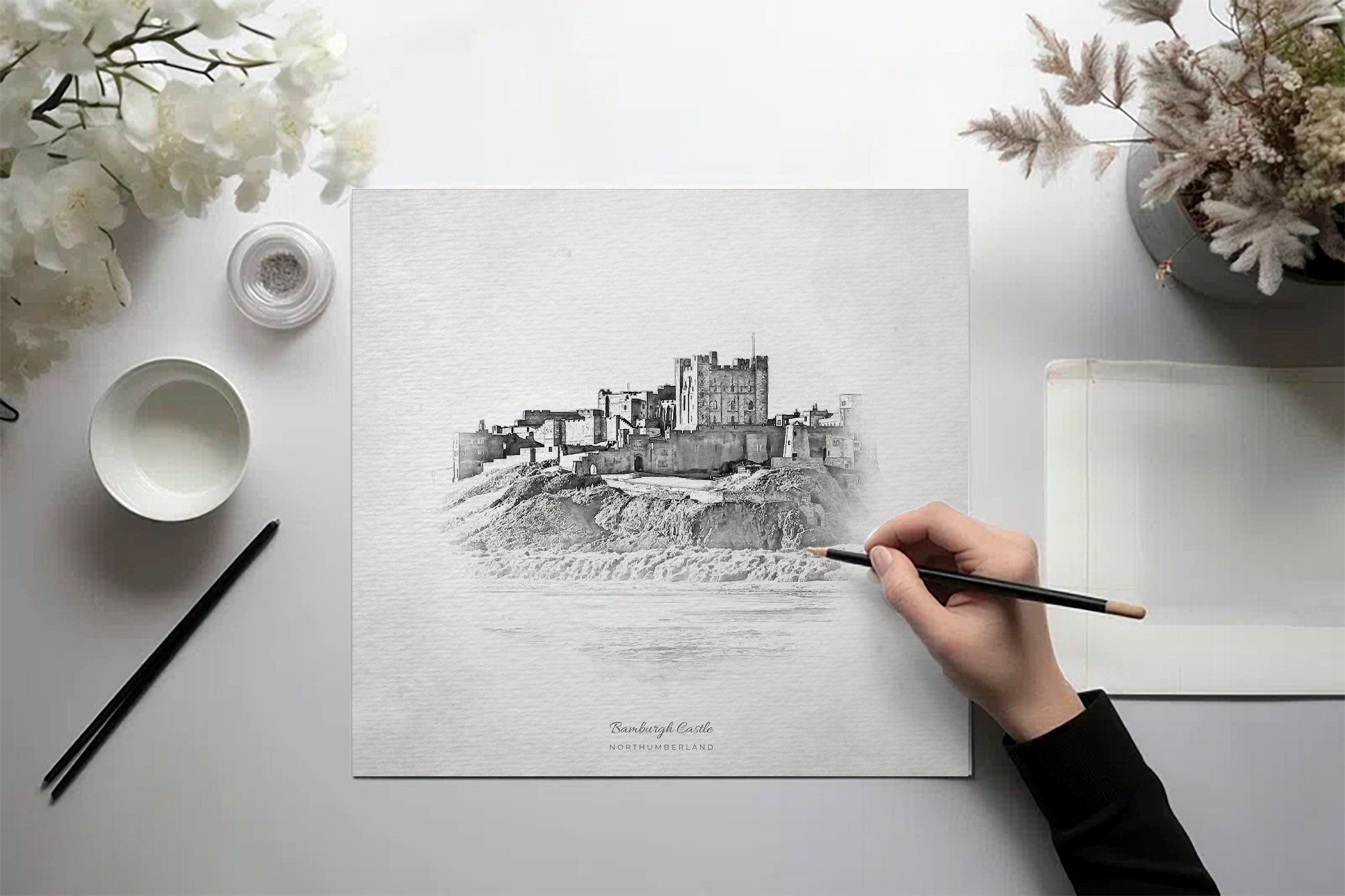 Pencil Drawing of Bamburgh Castle in Beautiful Northumberland, Digital ...